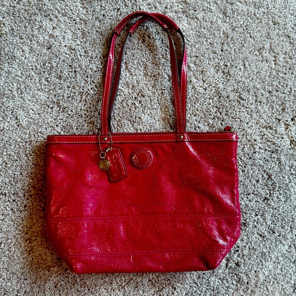 Coach | Bags | Coach Poppy Red Pink Patent Leather Tote Bag | Poshmark